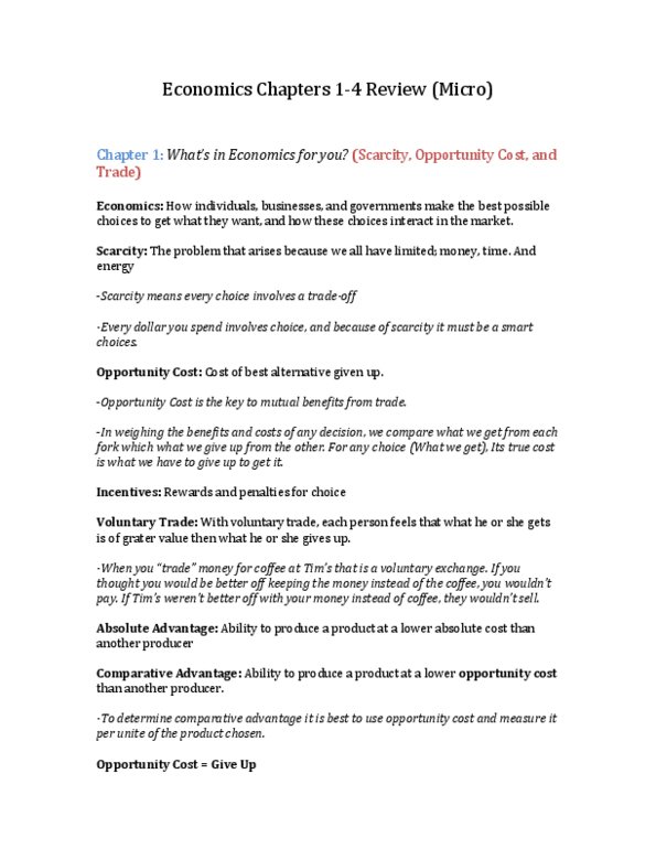 ECO105Y1 Midterm: Economics Chapters 1-4 Review (Micro)-Test 1 - OneClass