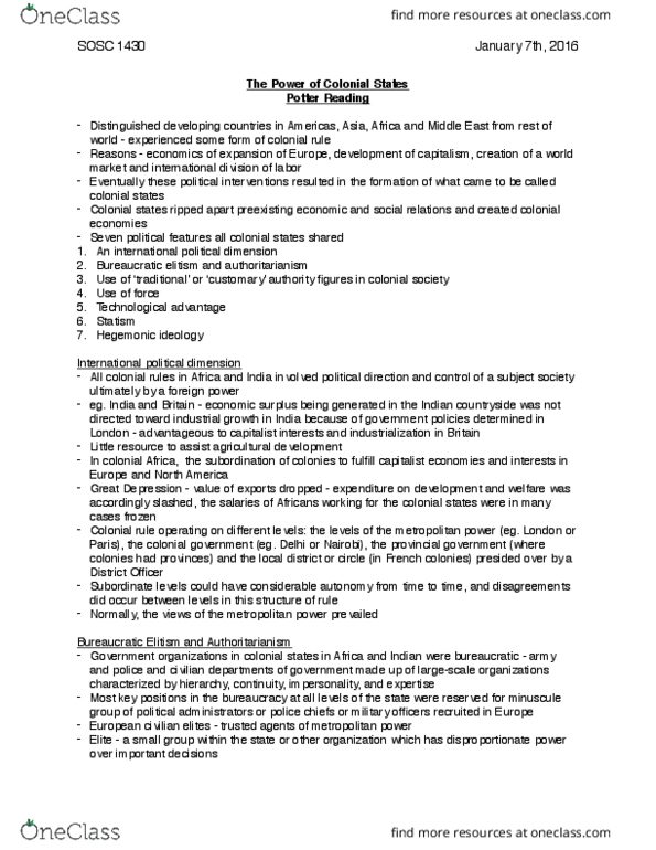 SOSC 1430 Study Guide - Fall 2015, Final - Indirect Rule, Captive ...
