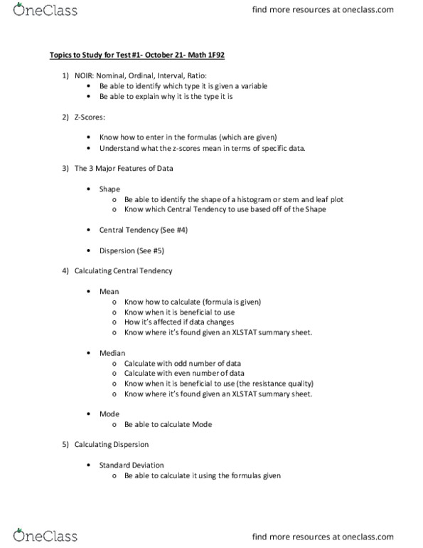 Math 1f92 Midterm Test1 Review Oneclass