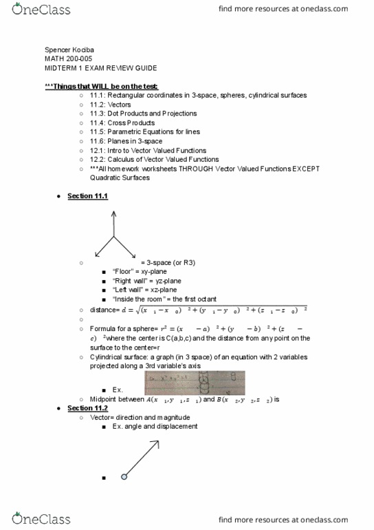 MATH 200 Midterm: Midterm I Exam Study Guide - OneClass