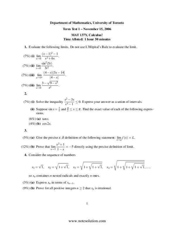 MAT137Y1 Midterm: TEST 1 - OneClass