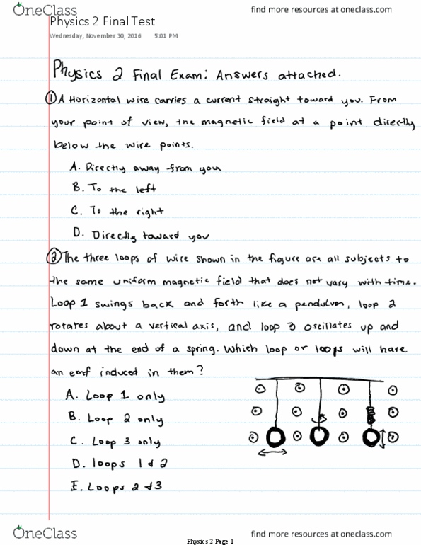 PHYS 1510 Final: Physics 2 Final Study Guide (104 QUESTIONS!) - OneClass