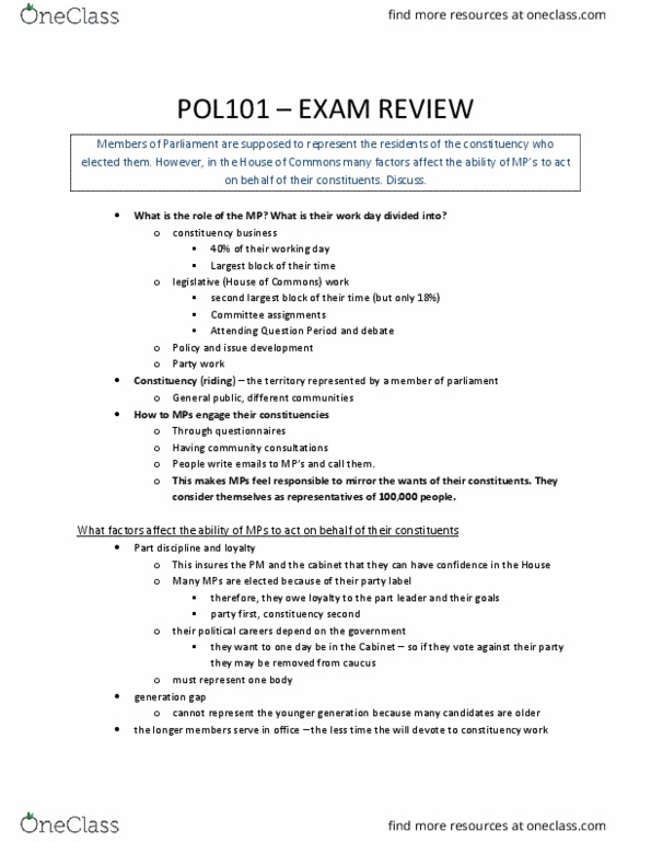 POL 101 Study Guide - Fall 2016, Final - Old Age Security, Civil ...