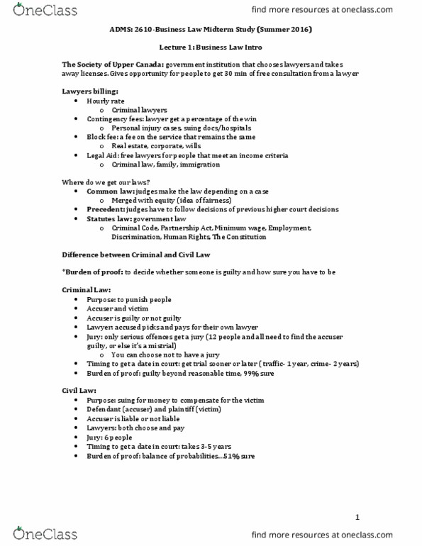 ADMS 2610 Final: Elements of Law Final Exam Notes - OneClass ADMS 2610 Final: Elements of Law Final Exam Notes - OneClass