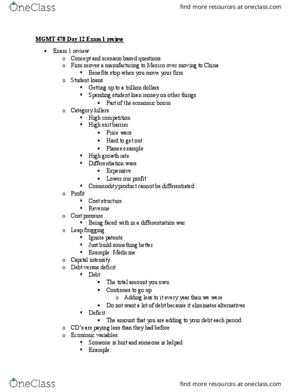 MGMT 478 Midterm: MGMT 478 Exam 1 review - OneClass