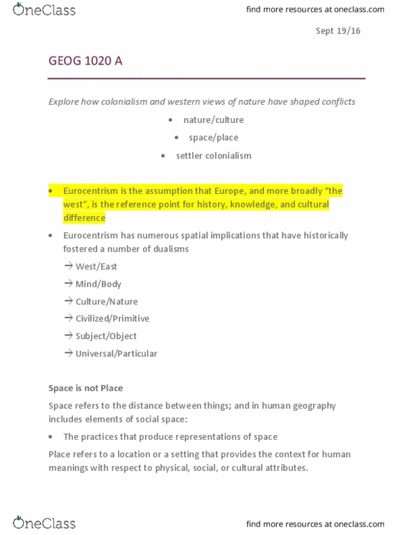 GEOG 1020 Study Guide - Fall 2016, Final - Terra Nullius, Ramachandra ...