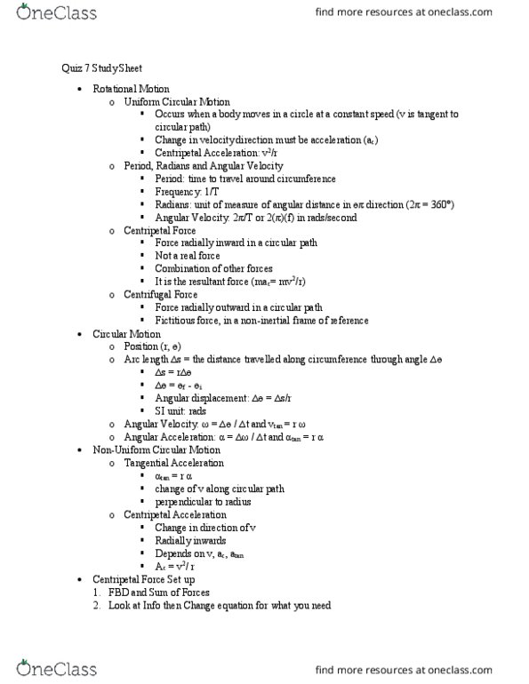 PHYS 1080 Study Guide - Winter 2015, Quiz - Circular Motion, Angular ... PHYS 1080 Study Guide - Winter 2015, Quiz - Circular Motion, Angular ...