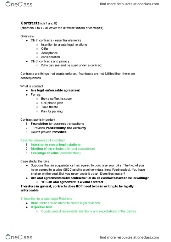 LAW 122 Study Guide - Winter 2017, Final - Contract, Objective Test, Tonne