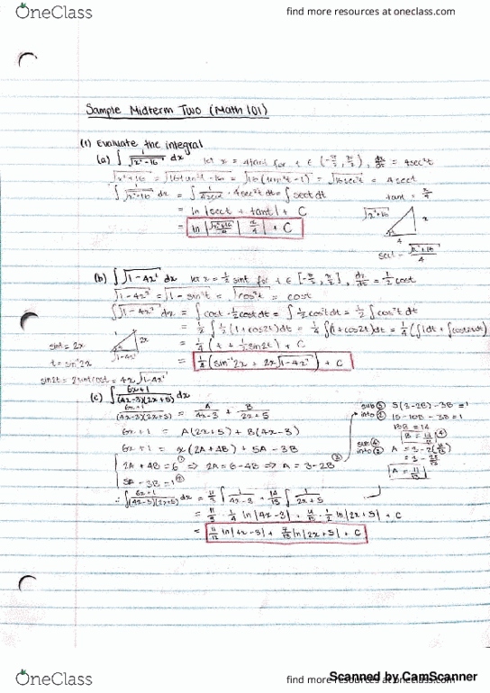 MATH 101 Midterm: Sample Midterm #2 Questions ( 7.3, 7.4, 7.8, 8.1, 9.1,... - OneClass