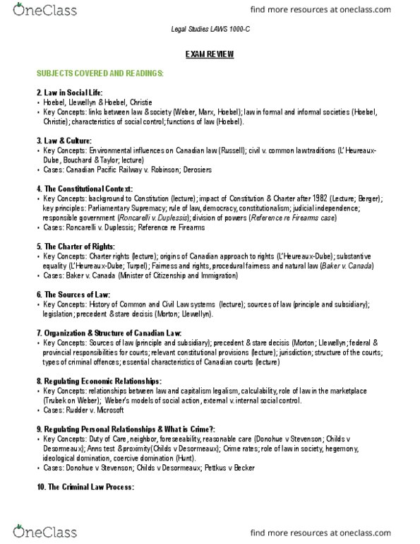 LAWS 1000 Final: DETAILED EXAM REVIEW - CARLETON UNI - JANE DICKSON ...