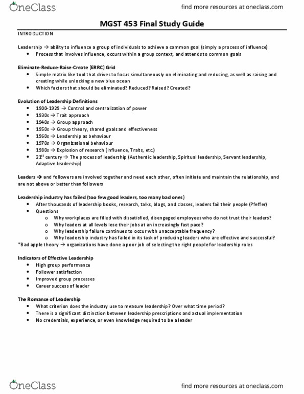 MGST 453 Study Guide - Winter 2017, Final - Work Unit, Ann E. Dunwoody ...