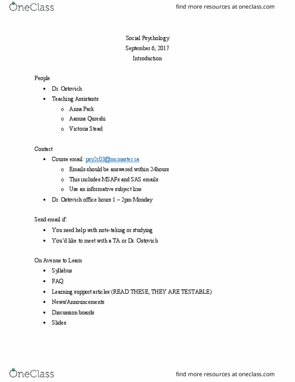 Psych 2c03 Lecture 1 Lecture 1 Introduction Sept 6 Oneclass