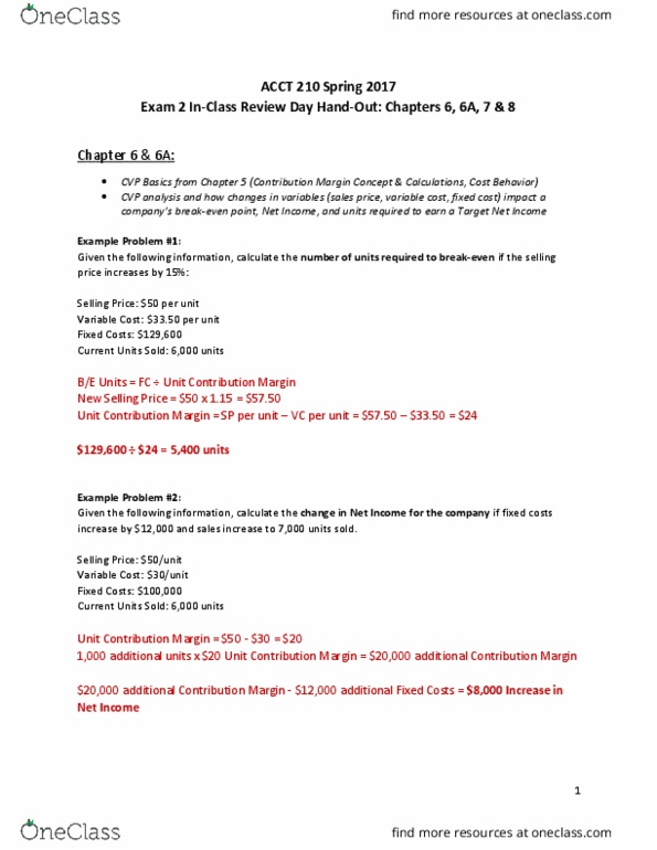 ACCT 210 Study Guide - Fall 2016, Midterm - Contribution Margin, Total ...