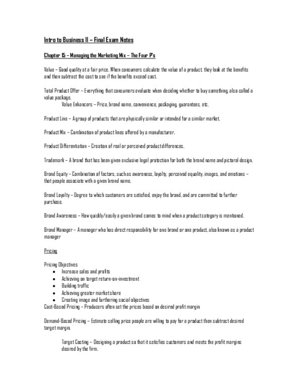 BUS-1201 Final: Intro to Bus 2 - Final Exam Notes - OneClass