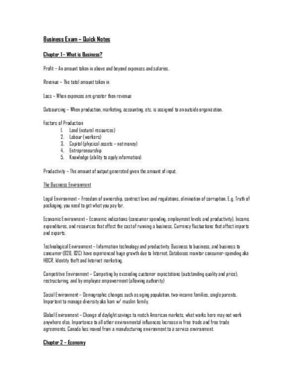 BUS-1201 Final: Intro to Bus #1 - Exam Quick Notes - OneClass