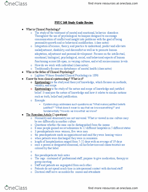 PSYC 160 Study Guide - Fall 2017, Midterm - Behaviorism, Psychotherapy ... PSYC 160 Study Guide - Fall 2017, Midterm - Behaviorism, Psychotherapy ...