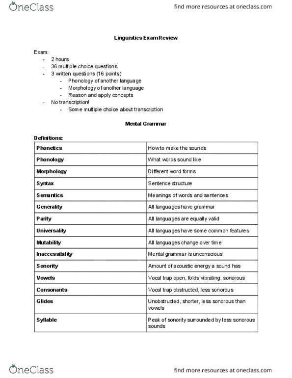 LINGUIST 1A03 Study Guide - Fall 2017, Final - Complementary ...