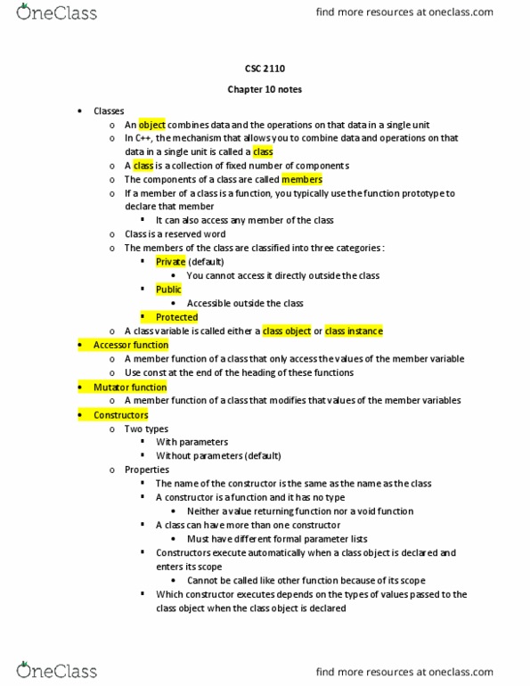 CSC 2110 Study Guide - Winter 2018, Quiz - Member Variable, Function ...