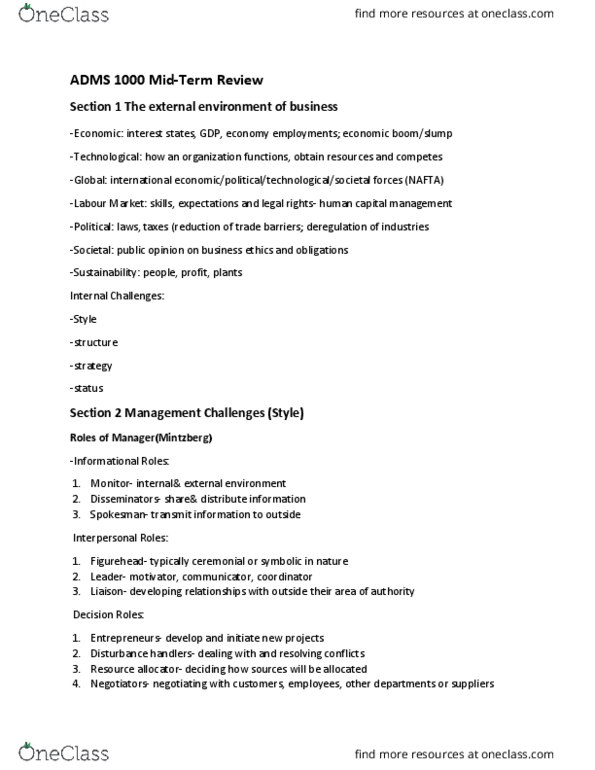 ADMS 1000 Study Guide - Fall 2017, Midterm - Mary Parker Follett ... ADMS 1000 Study Guide - Fall 2017, Midterm - Mary Parker Follett ...