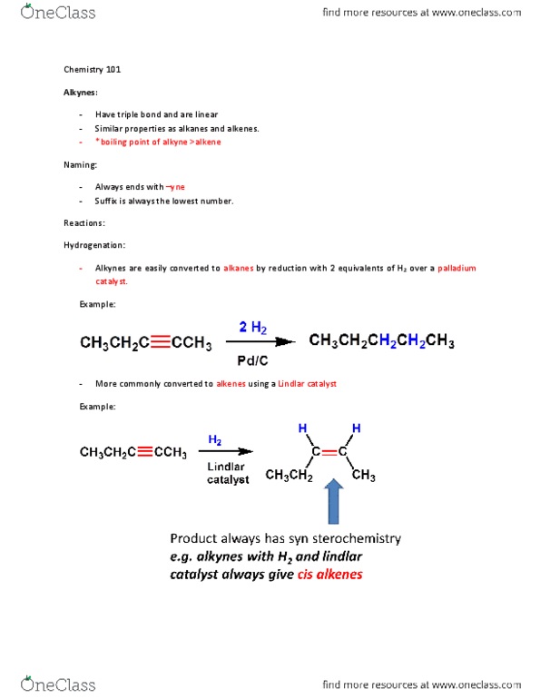 CHEM 1007 Study Guide - Spring 2013, - Alkyne, Boiling Point, Lindlar ...