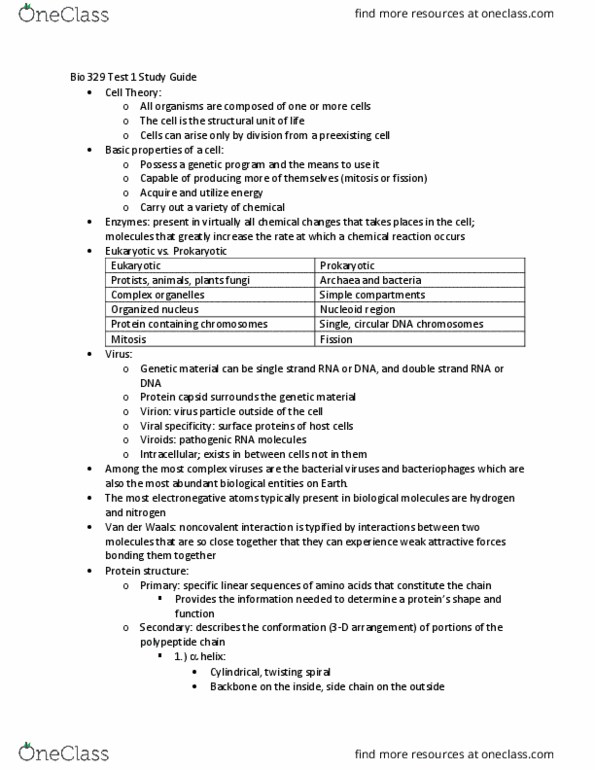 BIOL 329 Study Guide - Spring 2018, Midterm - Nucleoid, Cell Theory ...