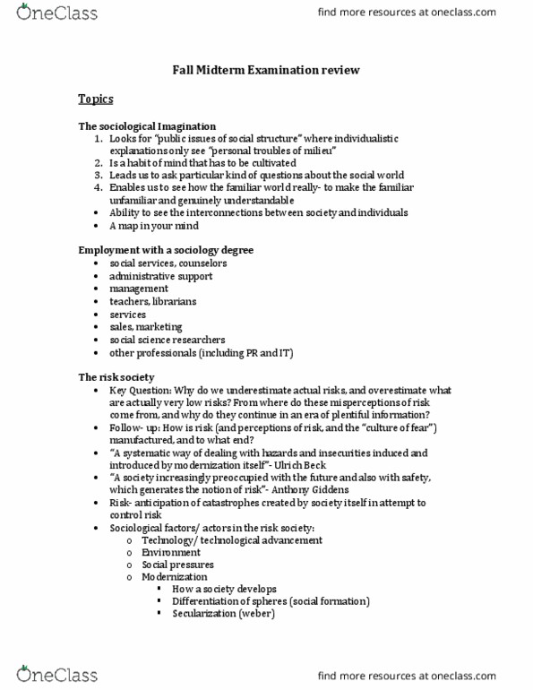Sociology 1020 Study Guide - Fall 2017, Midterm - Visual Sociology ...