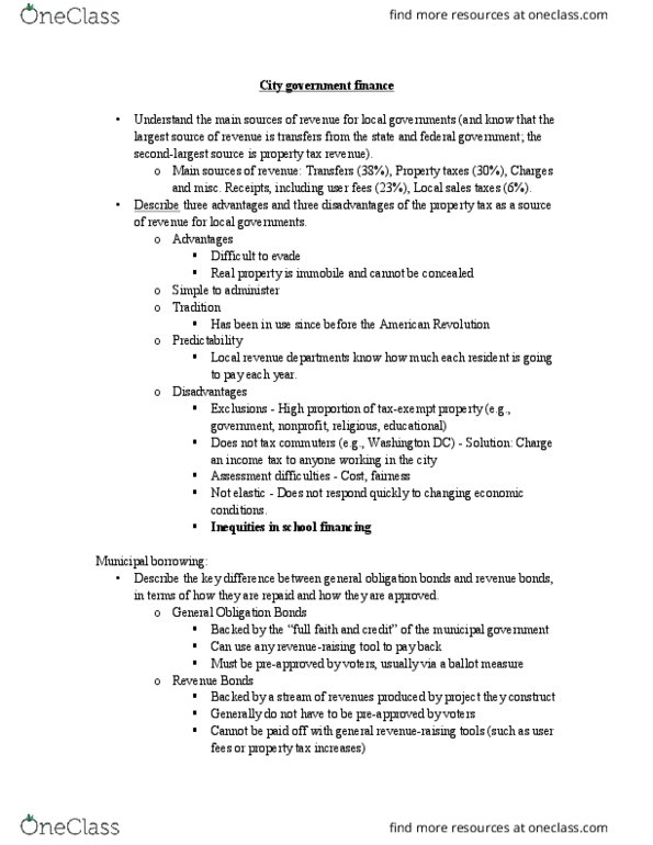 SPEA-V 161 Midterm: City government finance - OneClass