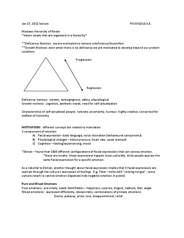 PSYC 1010 Quiz: Motivation, Emotion theories and Intelligence Maslows he... - OneClass