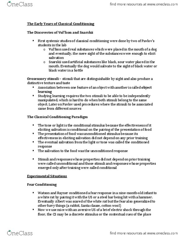 PSYC 2330 : Chapter 3 - Classical Conditioning - OneClass PSYC 2330 : Chapter 3 - Classical Conditioning - OneClass