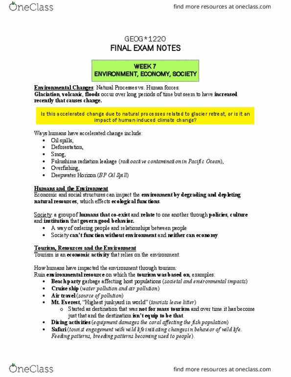 GEOG 1220 Final: Geography, 1220. FINAL EXAM, Course Notes - OneClass