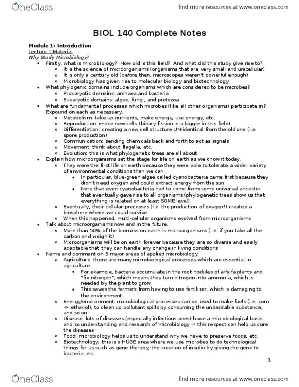 Biol240 Midterm Microbiology Complete Notes Including Midterm Material