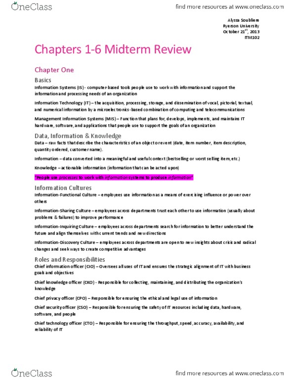 ITM 102 Study Guide - Fall 2013, Midterm - Opportunity Management ... ITM 102 Study Guide - Fall 2013, Midterm - Opportunity Management ...