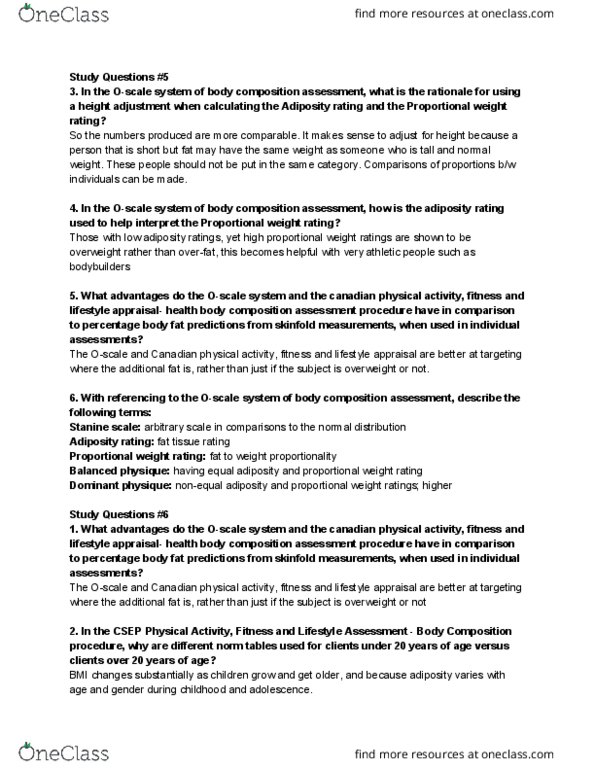 BPK 142 Study Guide - Spring 2018, Midterm - Body Fat Percentage ...