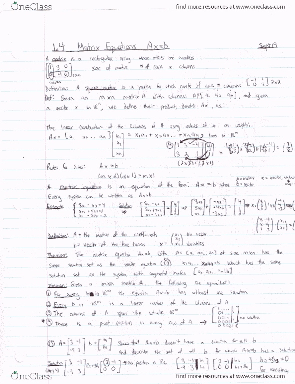 MAT 1302 Lecture : Sept 19 - 1.4 - Matrix Equations - L.pdf - OneClass