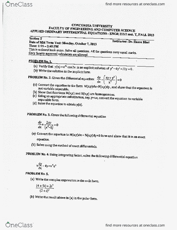 ENGR 213 Study Guide - Summer 2018, Midterm - Integrating Factor, Dic ... ENGR 213 Study Guide - Summer 2018, Midterm - Integrating Factor, Dic ...