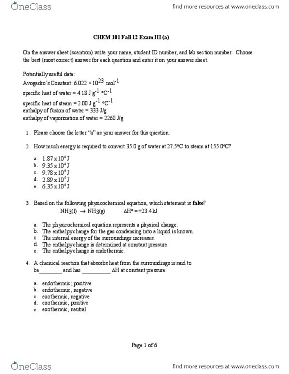 CHEM 101 Study Guide - Fall 2013, Midterm - Calorimeter, Joule, Hydrazine CHEM 101 Study Guide - Fall 2013, Midterm - Calorimeter, Joule, Hydrazine