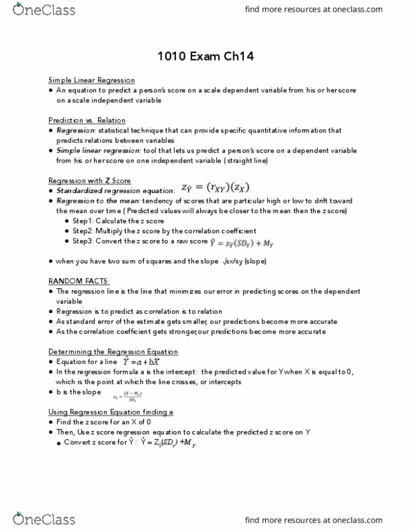 PSYC 1010 Study Guide - Winter 2018, Final - Simple Linear Regression, Standard Error
