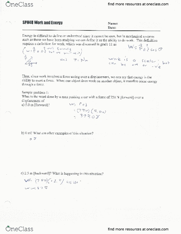 PHYSICS 1A03 Quiz: Work and Energy - OneClass