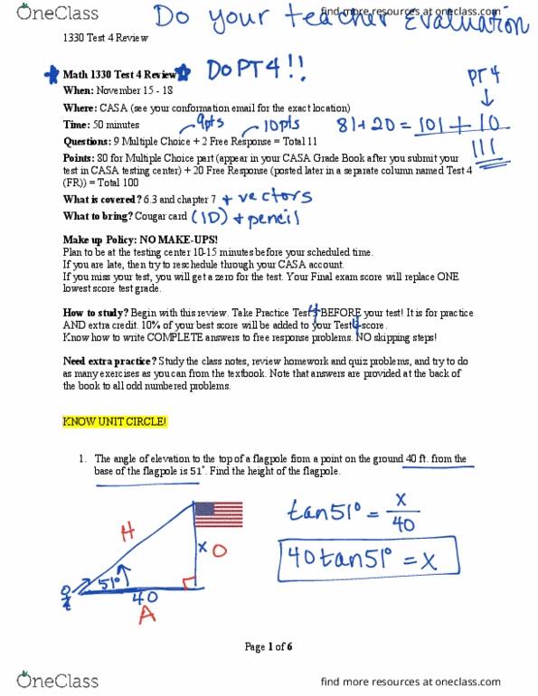 MATH 1330 Study Guide - Winter 2016, Quiz - Score Test, Unit, Dot Product