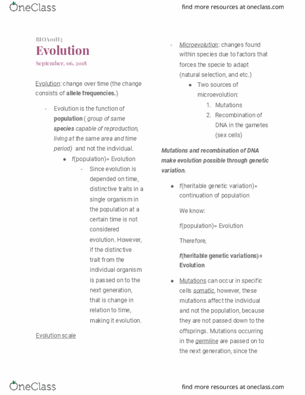 BIOA01H3 Lecture Notes - Fall 2018, Lecture 1 - Microevolution