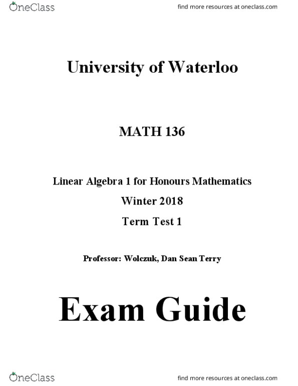 MATH136 Study Guide - Fall 2018, Midterm - Gaussian Elimination ...