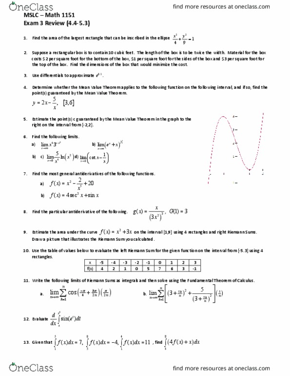 MATH 1151 Final: MATH 1151 Final Exam 2014 Spring - OneClass MATH 1151 Final: MATH 1151 Final Exam 2014 Spring - OneClass