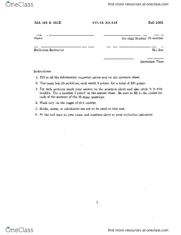 MATH 1610 Final: MATH1610 Final Exam 2005 Fall - OneClass