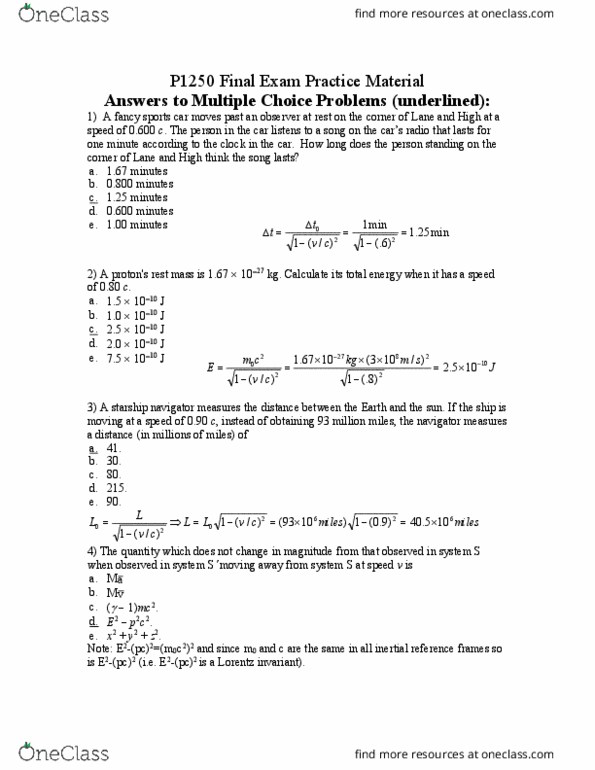 PHYSICS 1250 Study Guide - Fall 2018, Midterm - Lorentz Covariance ... PHYSICS 1250 Study Guide - Fall 2018, Midterm - Lorentz Covariance ...