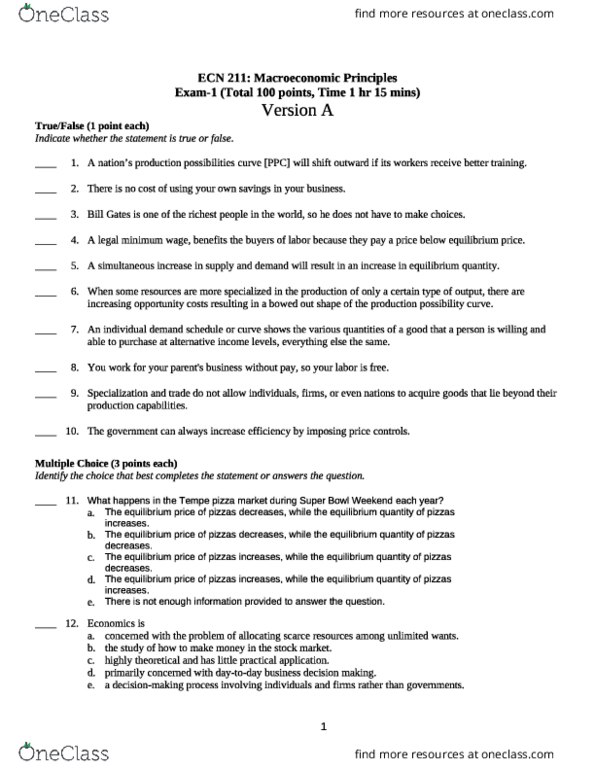 ECN 211 Midterm: ECN211 Term Test 1 Version A - OneClass ECN 211 Midterm: ECN211 Term Test 1 Version A - OneClass