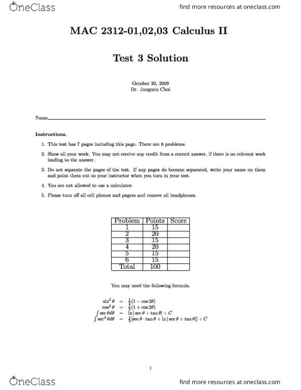 MAC 2312 Midterm: MAC2312 Term Test 3 2009 Fall - OneClass