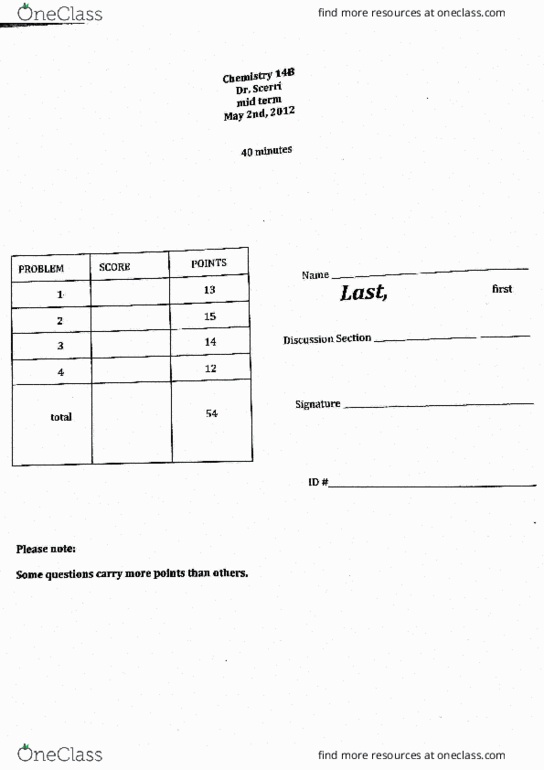CHEM 14B Midterm: Chem14B Midterm Test with Solutions - OneClass