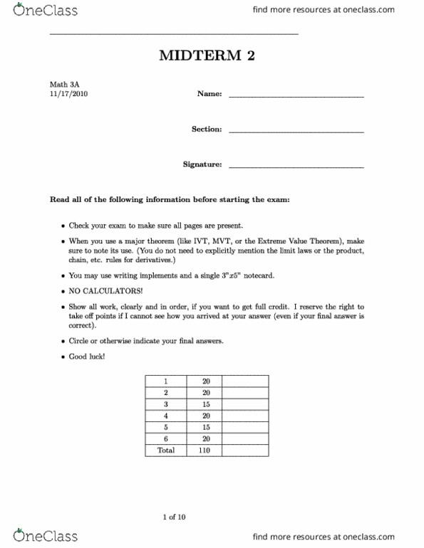 MATH 3A Midterm: MATH3A Term Test 2 2010 Fall Solutions - OneClass