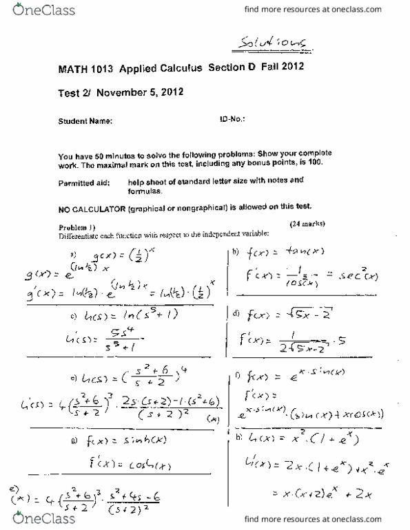 Math 1013 Midterm Math1013 Term Test 2 2012 Fall Solutions Oneclass