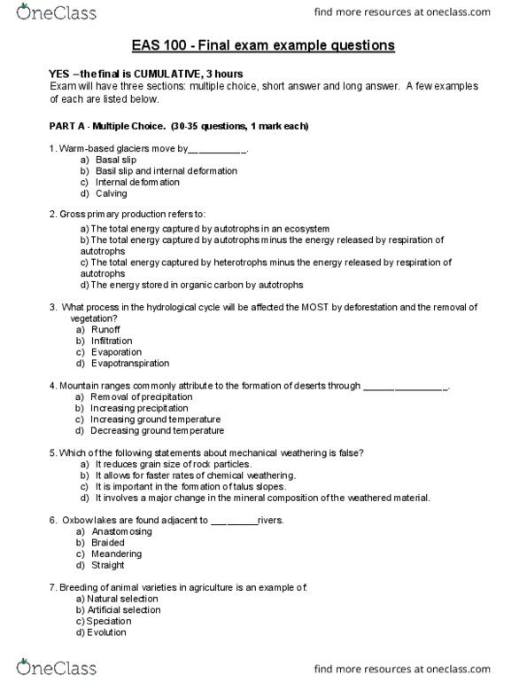 EAS100 Study Guide - Fall 2018, Midterm - Water Cycle, Anastomosis ...